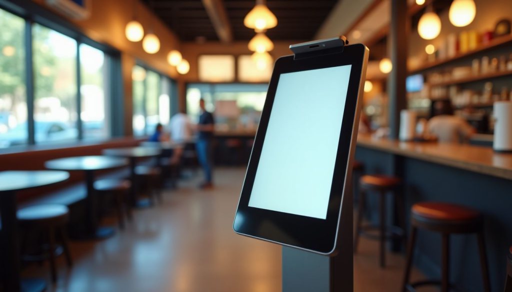 A self-ordering kiosk in a busy restaurant with empty tables.