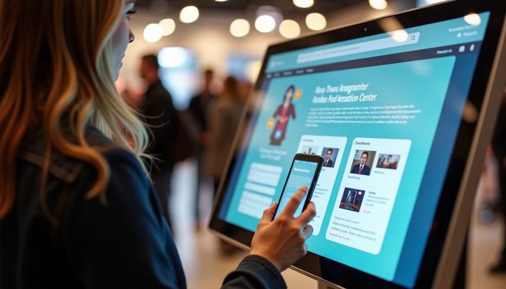 An interactive touchscreen information center in a busy retail setting.