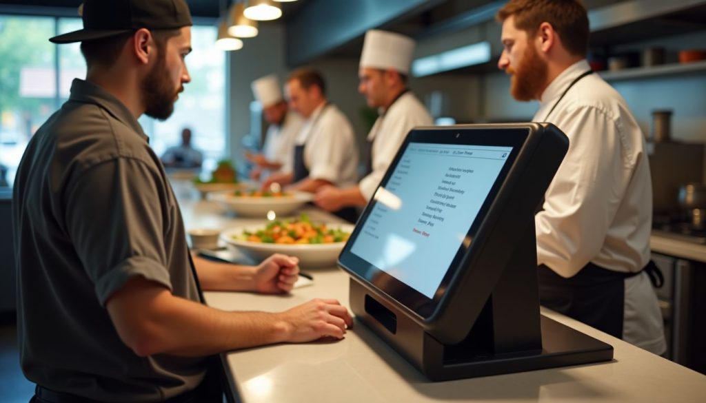 Efficient kitchen with self-ordering kiosk streamlining food preparation.