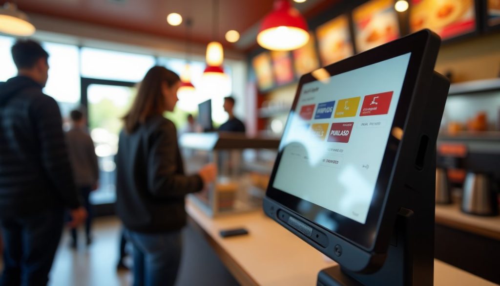 A modern self-ordering kiosk in a busy fast-food restaurant.